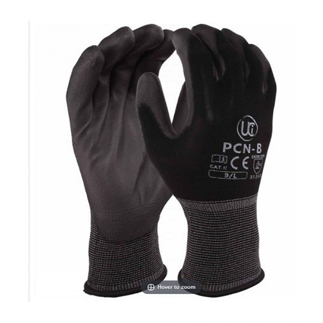 black gloves Pu-palm coating on a black polyester shell